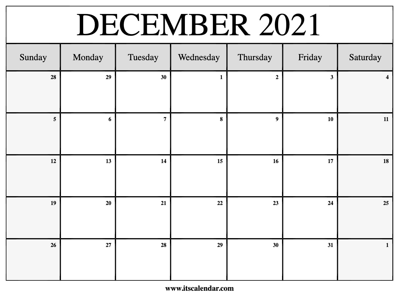 Free Printable December 2021 Calendar