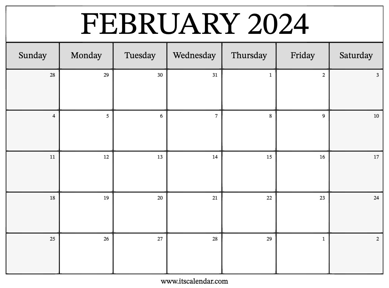 Free Printable February 2024 Calendar